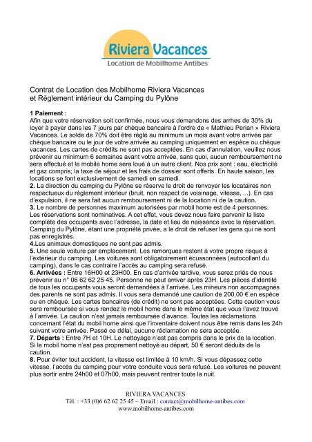 Contrat de Location des Mobilhome Riviera Vacances et Règlement ...