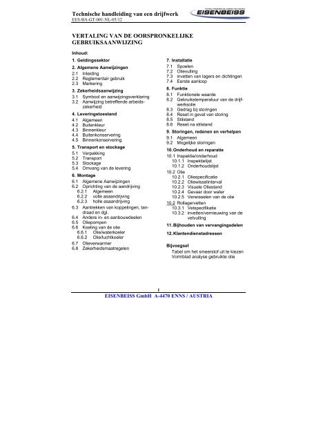 Technische handleiding van een drijfwerk VERTALING ... - Eisenbeiss