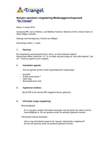 Notulen vergadering peuteropvang Zwartsnoetje Datum: 26 maart ...