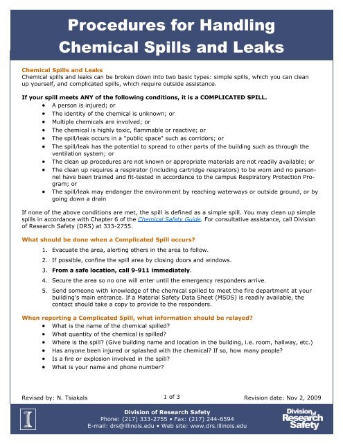 Procedures for Handling Chemical Spills and Leaks - Division of ...