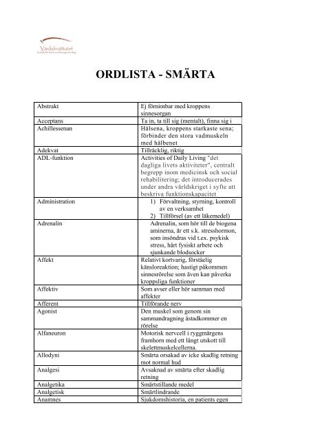 ORDLISTA - SMÄRTA