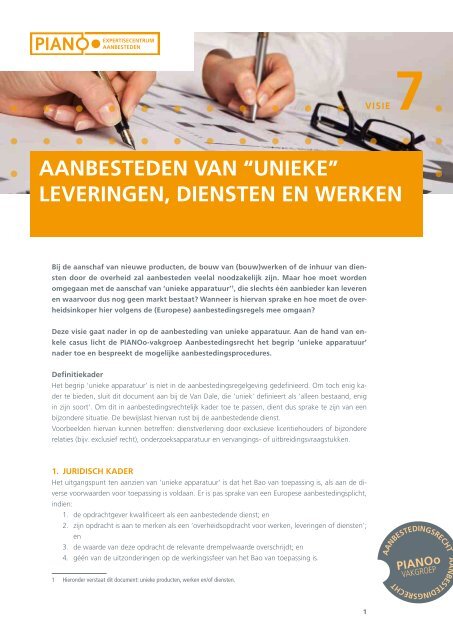 AAnbesteden VAn “unieke” leVeringen, diensten en werken - Pianoo