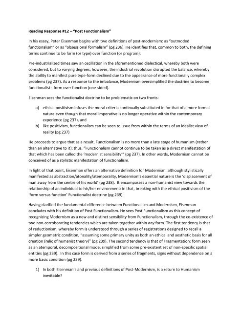 Reading Response #12 – “Post Functionalism” In his essay, Peter ...