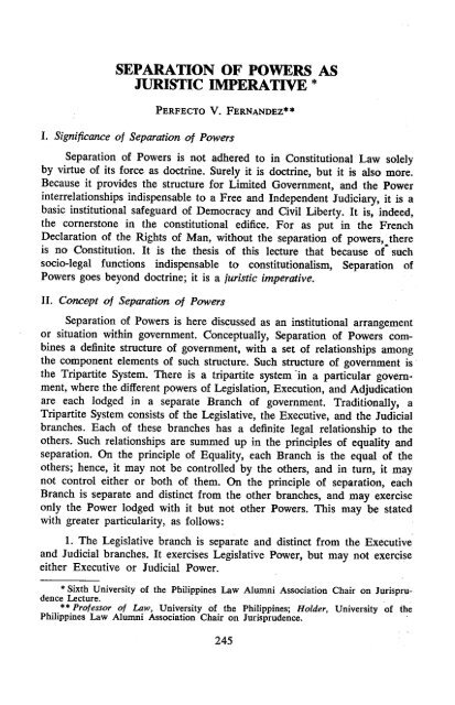 separation of powers as juristic imperative - Philippine Law Journal