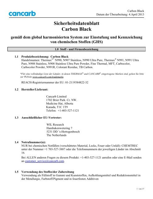 Safety Data Sheet (ISO 11014-1 / ANSI Z 400 - Cancarb Limited
