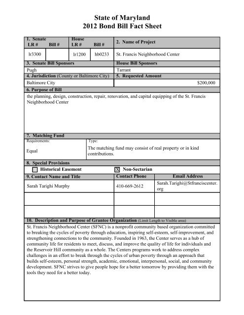State of Maryland 2012 Bond Bill Fact Sheet