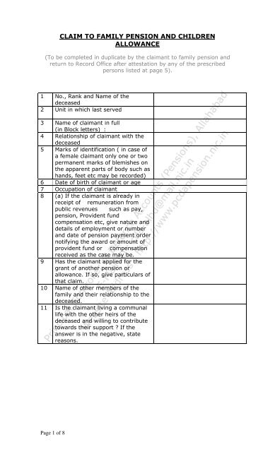 Form to claim family pension and children allowance - Office of the ...