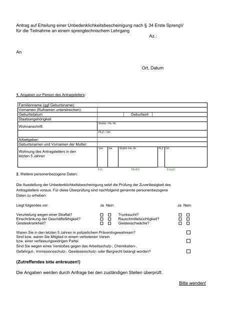 Antrag auf Unbedenklichkeitsbescheinigung - Pyroflash