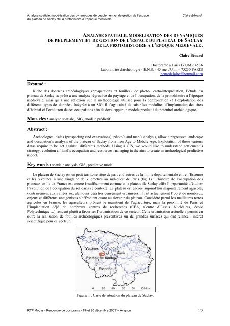 Analyse spatiale, modélisation des dynamiques de ... - Réseau ISA