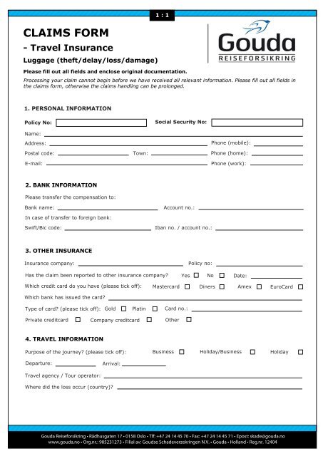 CLAIMS FORM - Gouda Reiseforsikring