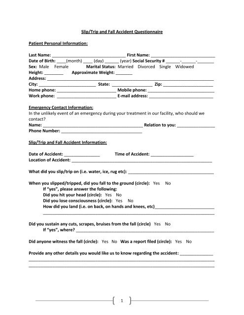 Slip, Trip and Fall Accident Questionaire