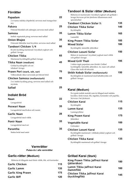 Meny - Restaurang India
