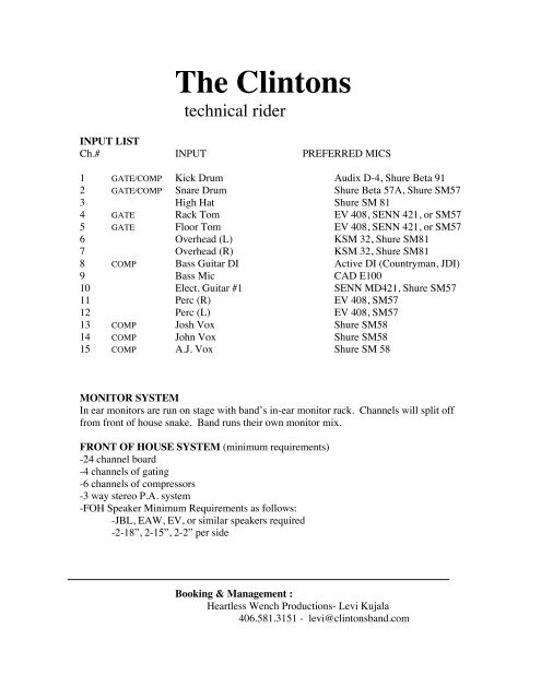 Tech Rider/Stage Plot - The Clintons