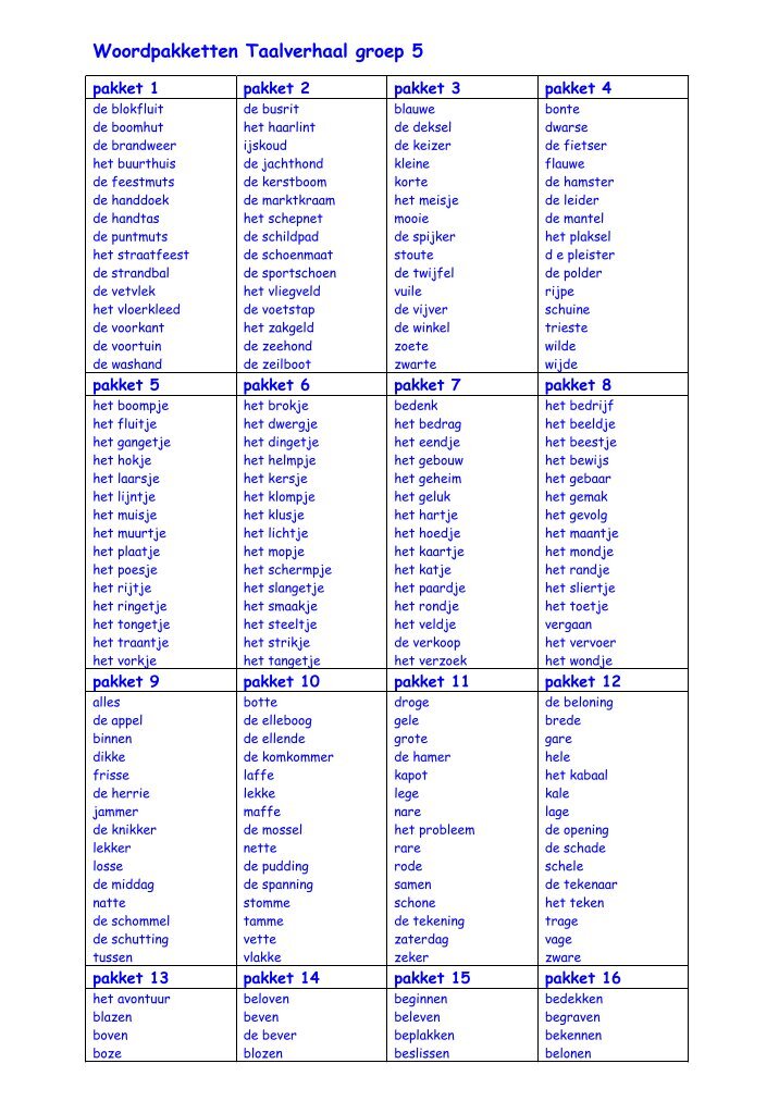 Woordpakketten Taalverhaal spelling groep 4 Woordpakket 1 bloes ...