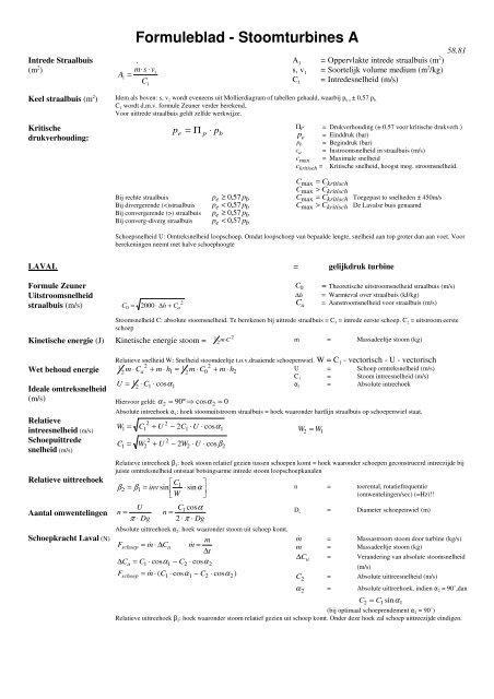Formuleblad - Stoomturbines A