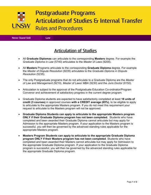 All Graduate Diplomas can articulate to the ... - UNSW Law