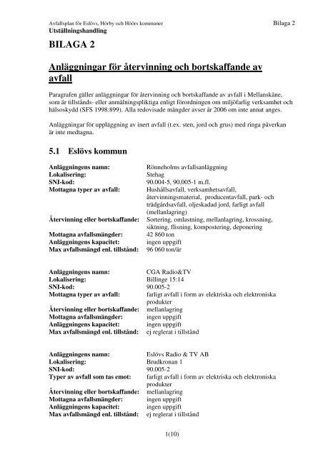 BILAGA 2 Anläggningar för återvinning och bortskaffande ... - Merab