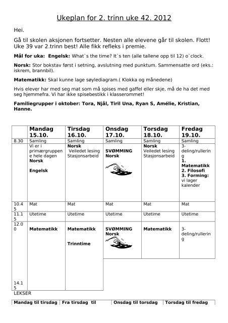 Ukeplan for 2. trinn uke 42. 2012