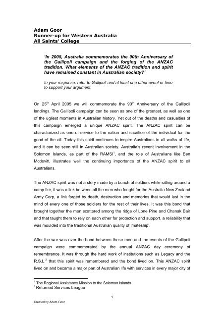 Adam Goor Runner-up for Western Australia All Saints ... - afssse