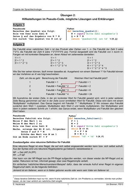 Mögliche Lösungen, Hilfestellung im Pseudo-Code und Erklärungen