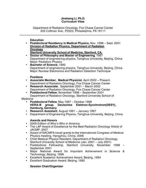 Jinsheng Li, Ph.D. Curriculum Vitae Department of Radiation ...