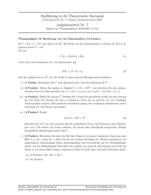 Einführung in die Theoretische Mechanik Aufgabenzettel Nr. 7
