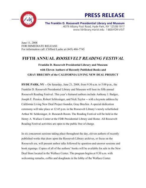PRESS RELEASE - Franklin D. Roosevelt Presidential Library and ...