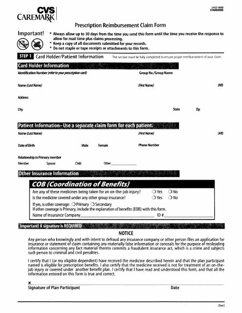 CVS Caremark Prescription Reimbursement Claim Form