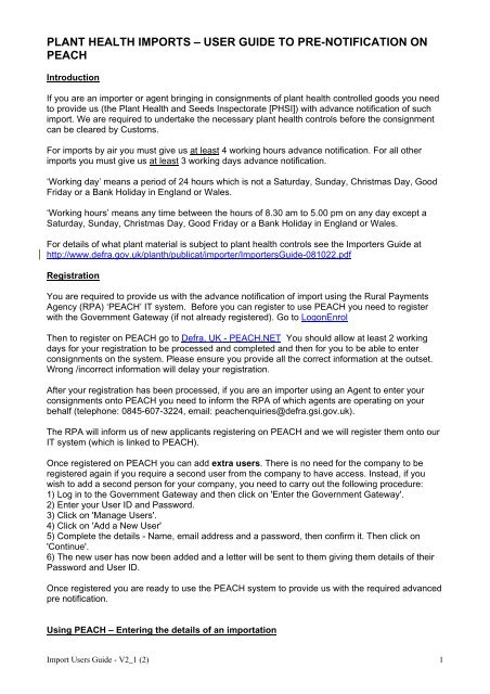 User Guide to pre notification on PEACH - Defra