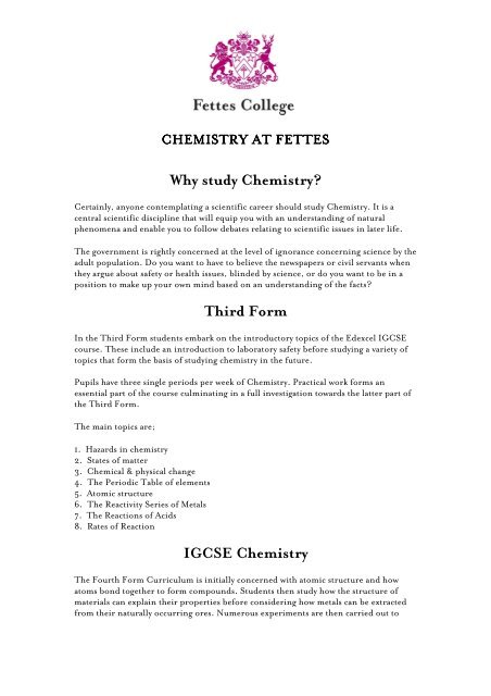 Why study Chemistry? Third Form IGCSE Chemistry - Fettes College