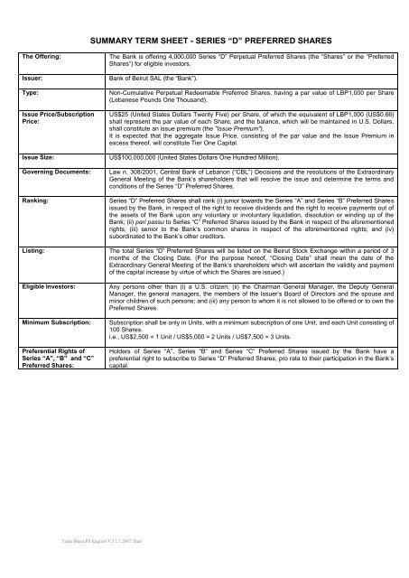 summary term sheet - series ?d? preferred shares - Bank of Beirut
