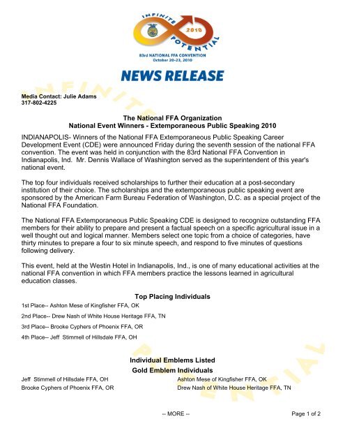 Winners of the National FFA Extemporaneous Public Speaking ...