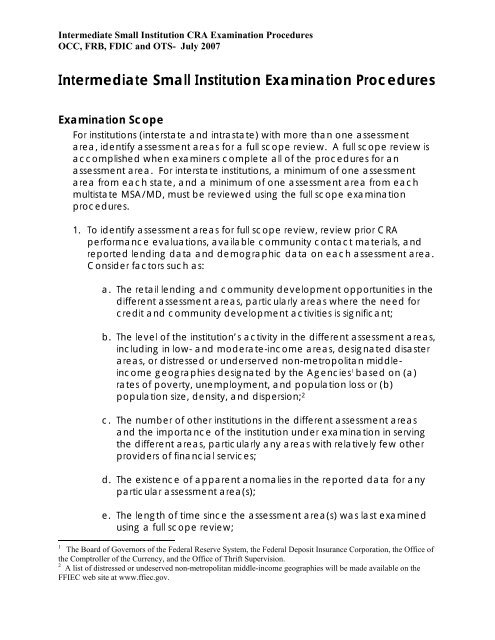 Intermediate Small Institution Examination Procedures - ffiec
