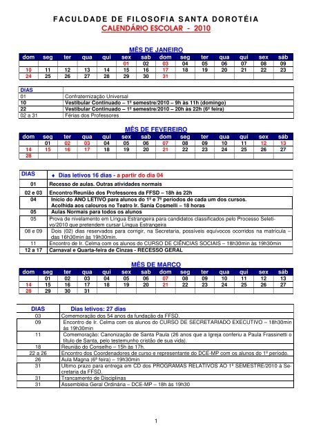 faculdade de filosofia santa dorotéia calendário escolar - 2010 - FFSD
