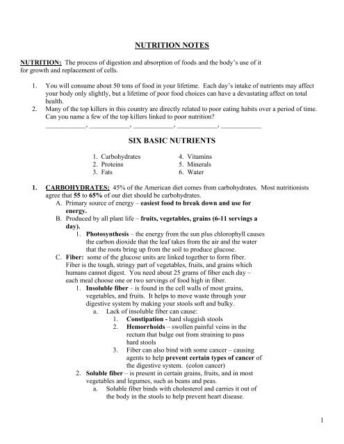 NUTRITION NOTES SIX BASIC NUTRIENTS