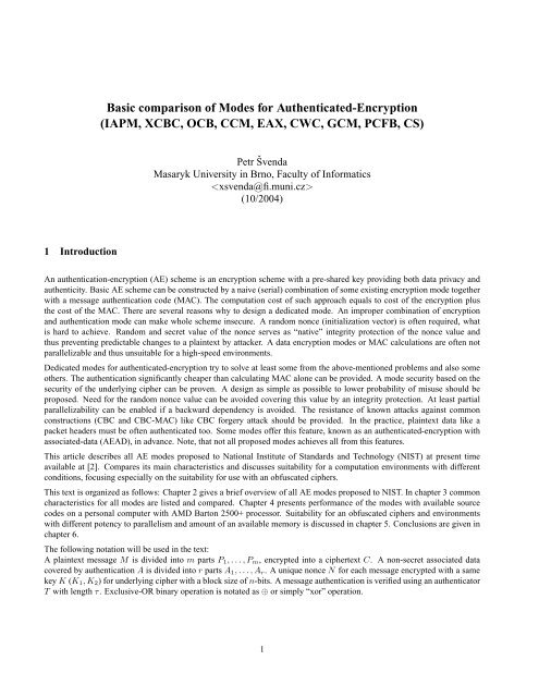 Basic Comparison Of Modes For Authenticated Encryption Masaryk