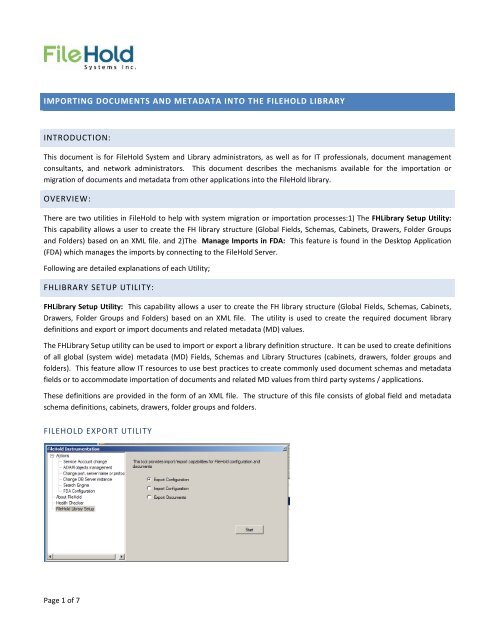 importing documents and metadata into the filehold library ...