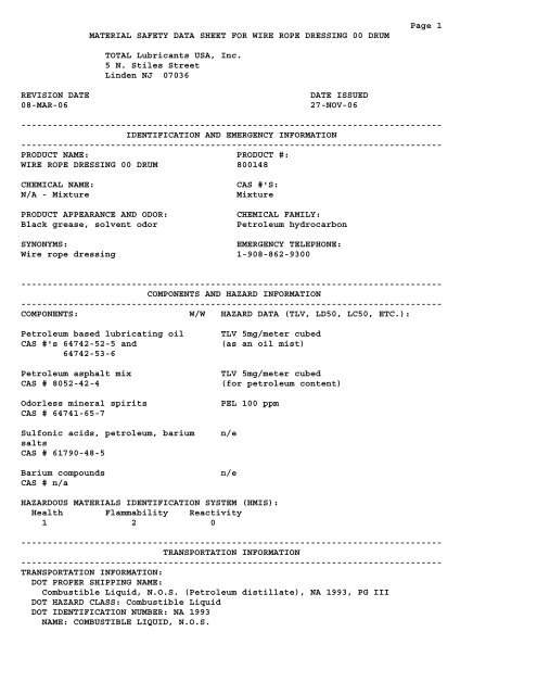 MATERIAL SAFETY DATA SHEET FOR WIRE ROPE DRESSING 00 ...