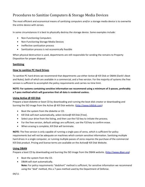 Procedures to Sanitize Computers & Storage Media Devices