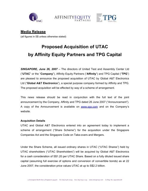 Proposed Acquisition of UTAC by Affinity Equity Partners and TPG ...
