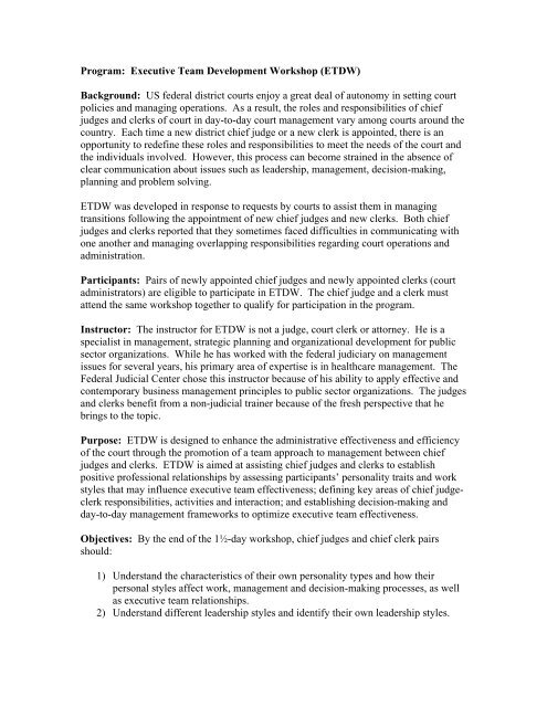 Executive Team Development Workshop - Federal Judicial Center