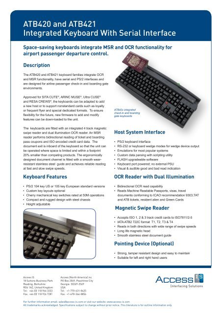 ATB420 And ATB421 Integrated Keyboard With Serial ... - Access IS
