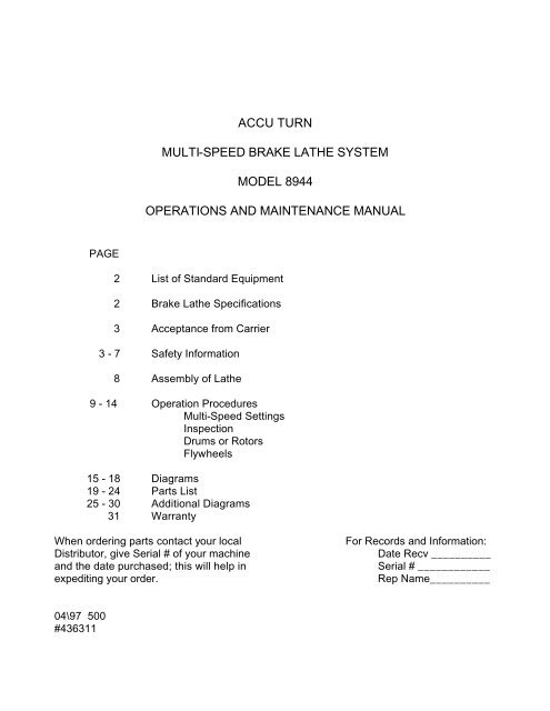 accu turn multi-speed brake lathe system model 8944 - Atlantic Auto ...