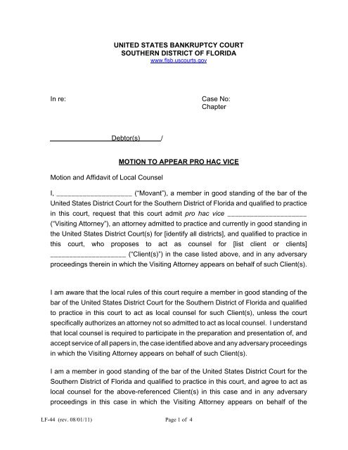 Motion to Appear Pro Hac Vice - Southern District of Florida