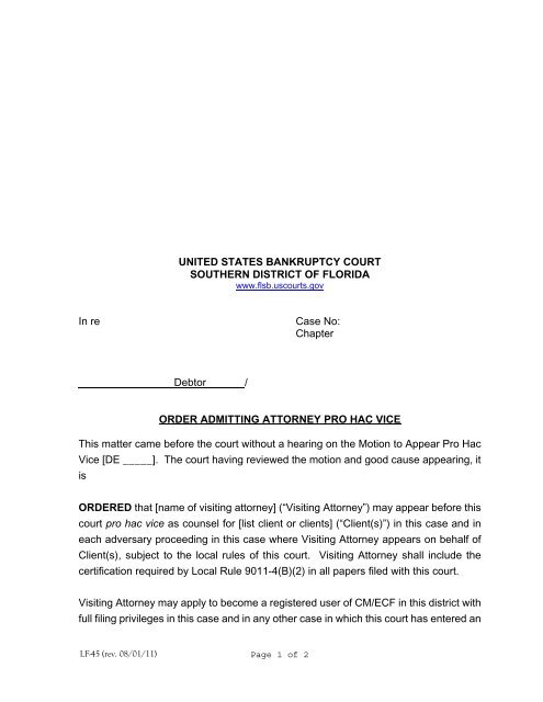 Order Admitting Attorney Pro Hac Vice - Southern District of Florida