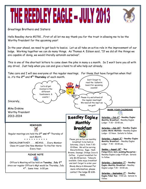 THE REEDLEY EAGLE - Fraternal Order of Eagles