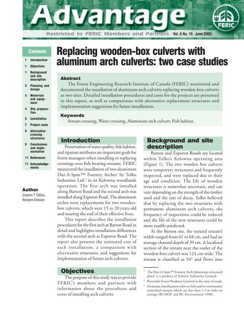 Replacing wooden-box culverts with aluminum arch culverts: two ...