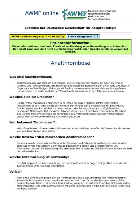 AWMF online - Koloproktologie / Patienteninformation Analthrombose