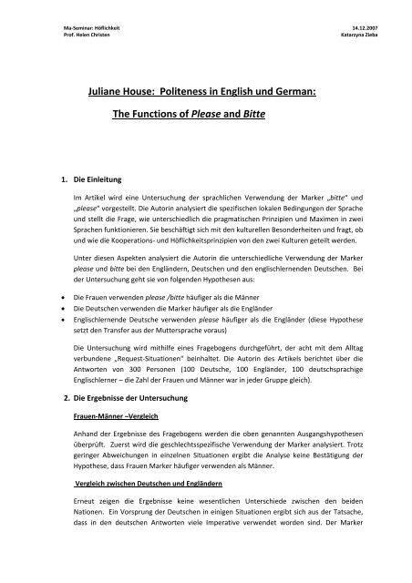 Juliane House: Politeness in English und German ... - Commonweb