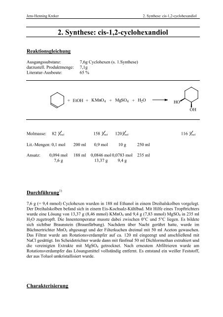 2. Synthese: cis-1,2-cyclohexandiol - Chemiestudent.de